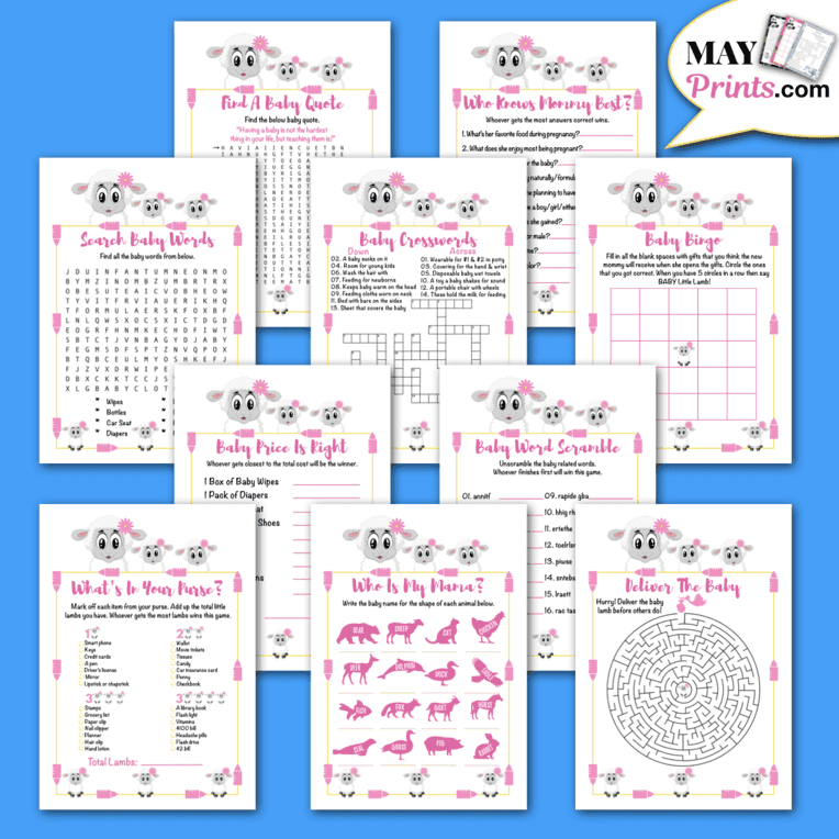 Little Lamb Baby Shower Games Package in 10 For Baby Girls