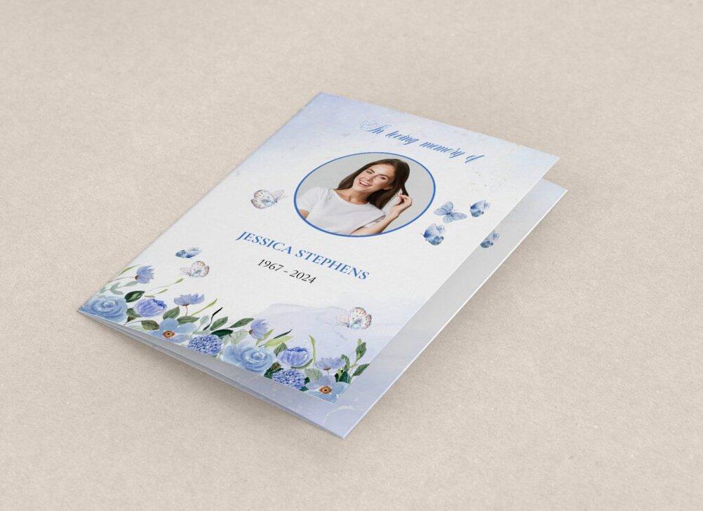 Elegant Blue Flowers and Butterflies Funeral Order of Service Template ...