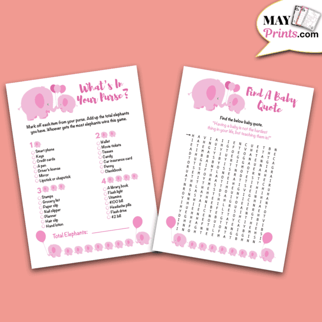 Pink Elephant Baby Shower Games - 10 Printable Games In A5, A4 & US