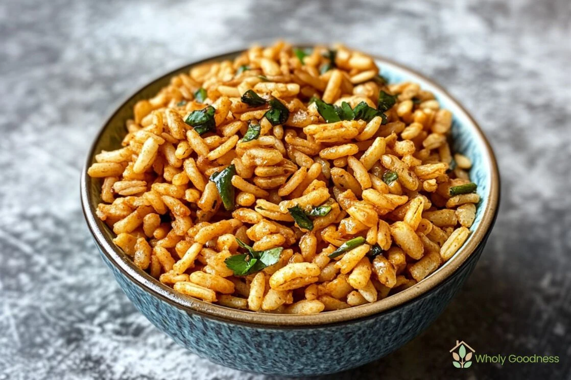 Our Masala Puffed Rice Recipe (Garlic Puffed Rice) - Wholy Goodness