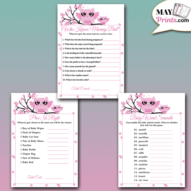 Printable Owl Baby Shower Games For Baby Girls