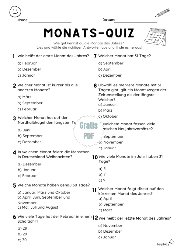 Arbeitsblatt "Monats-Quiz" gratis als PDF - helpfully.de