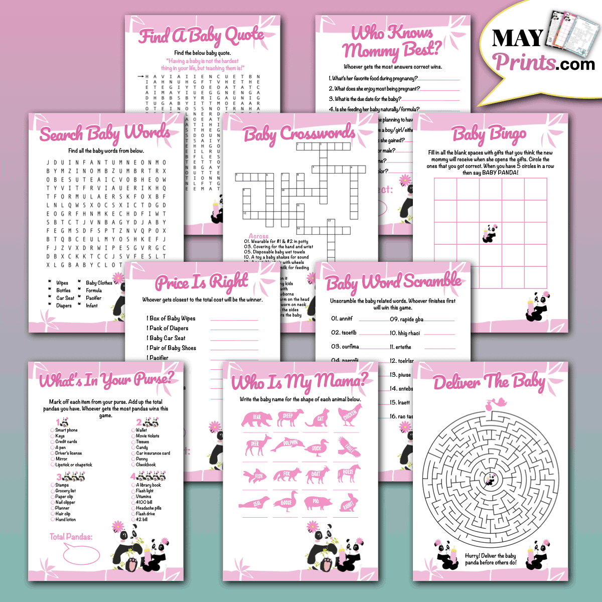 Panda Baby Shower Games Printable Set For Baby Girls - May Prints