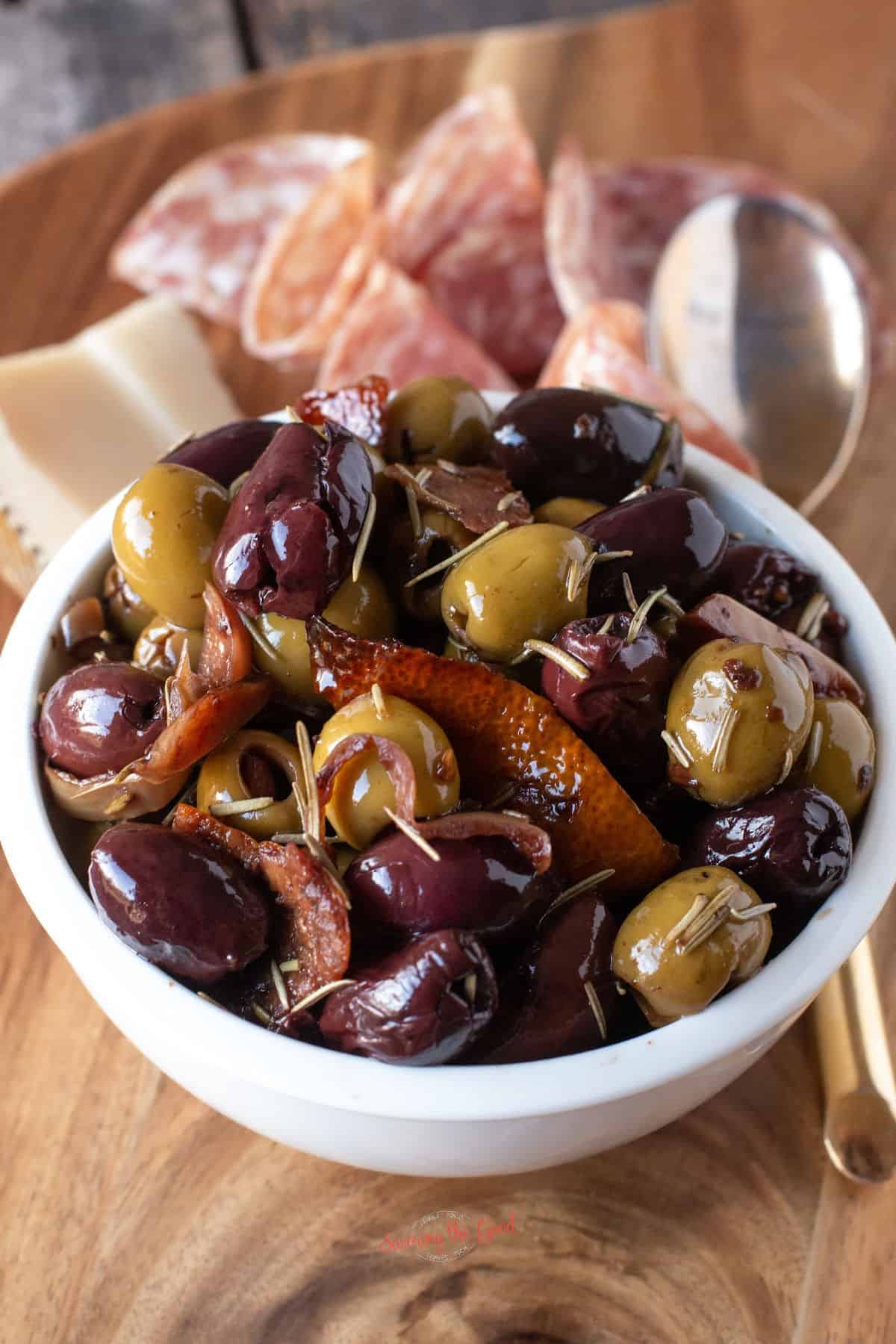 Warm Marinated Olives Appetizer with Rosemary, Orange & Garlic